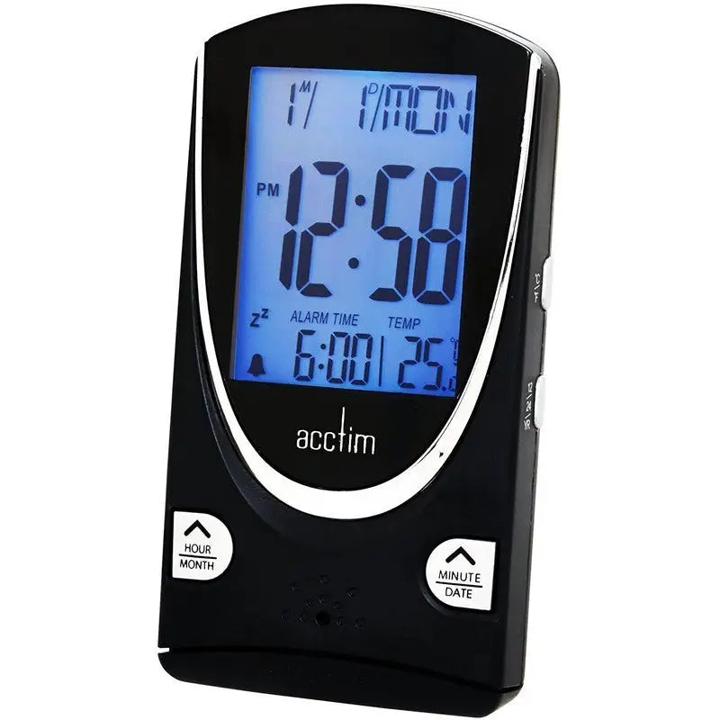 Acctim Porto Travel Alarm Clock - Black - Stewart and Gibson Ltd