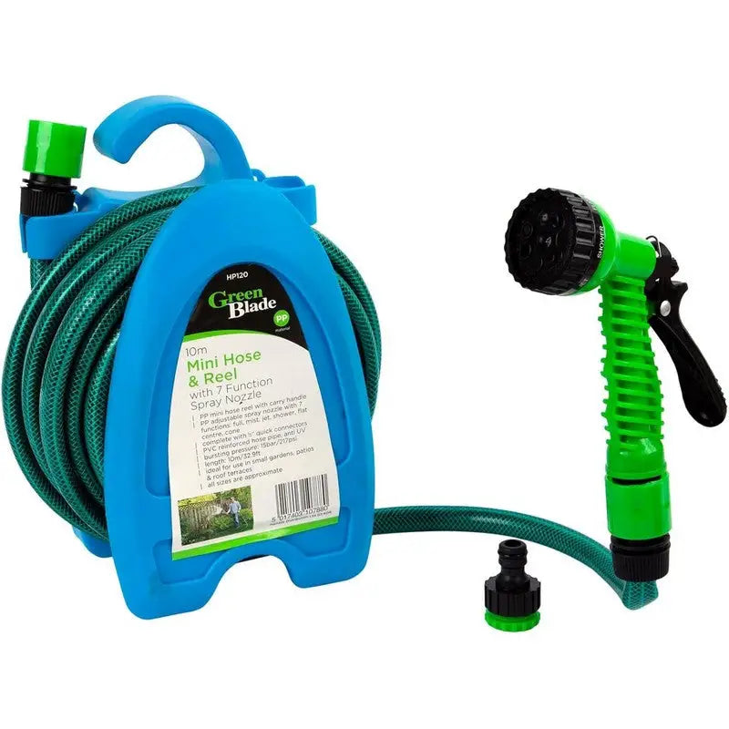 Green Blade Mini Hose & Reel with 7 Function Spray Nozzle - 10 Meters ...